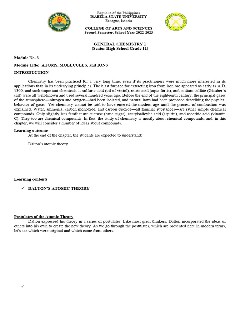 Module 3. Atoms Molecules and Ions | PDF