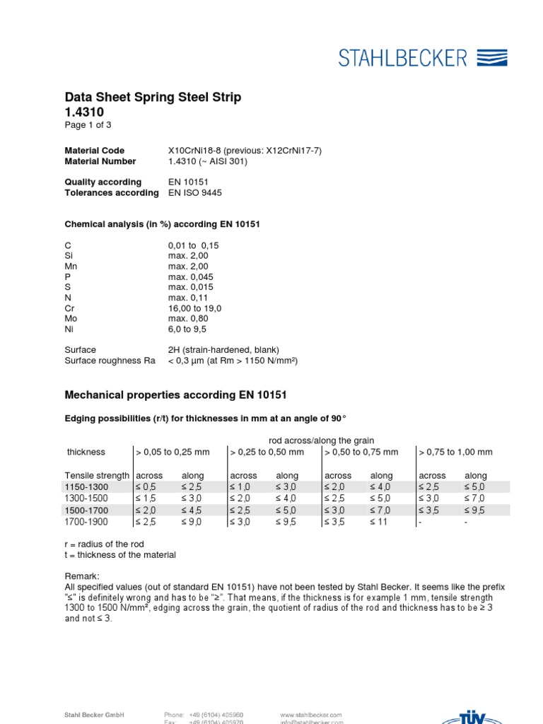 Datasheet Spring Steel Strip 1 | PDF | Engineering Tolerance | Rolling ...