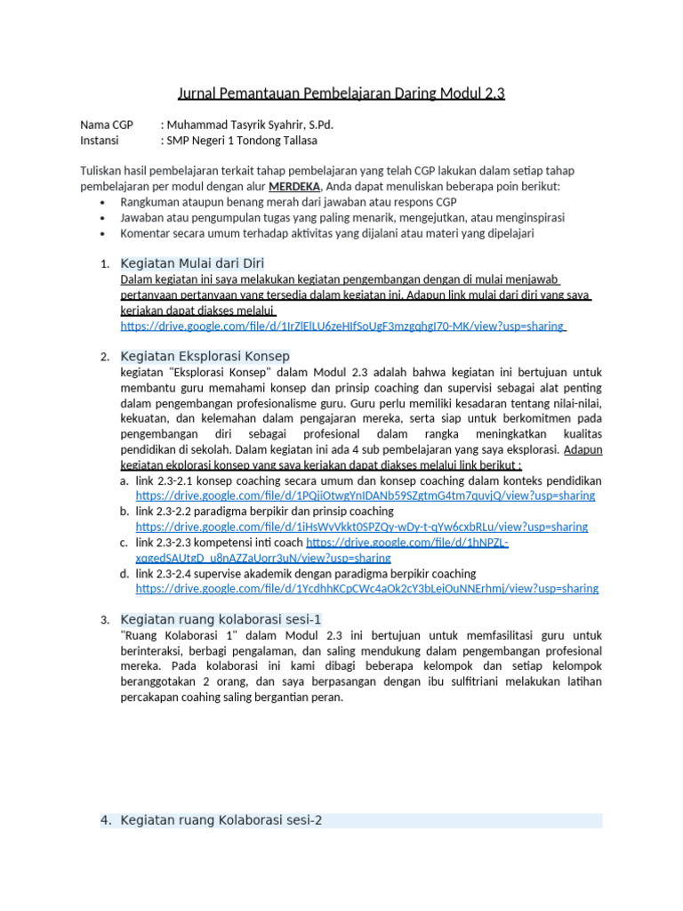 Jurnal Pemantauan Pembelajaran Daring Modul 2.3 | PDF