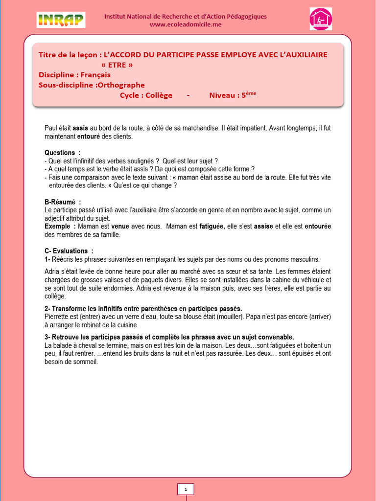 FRANC 5eme - LACCORD DU PARTICIPE PASSE EMPLOYE AVEC LAUXILIAIRE ETRE | PDF