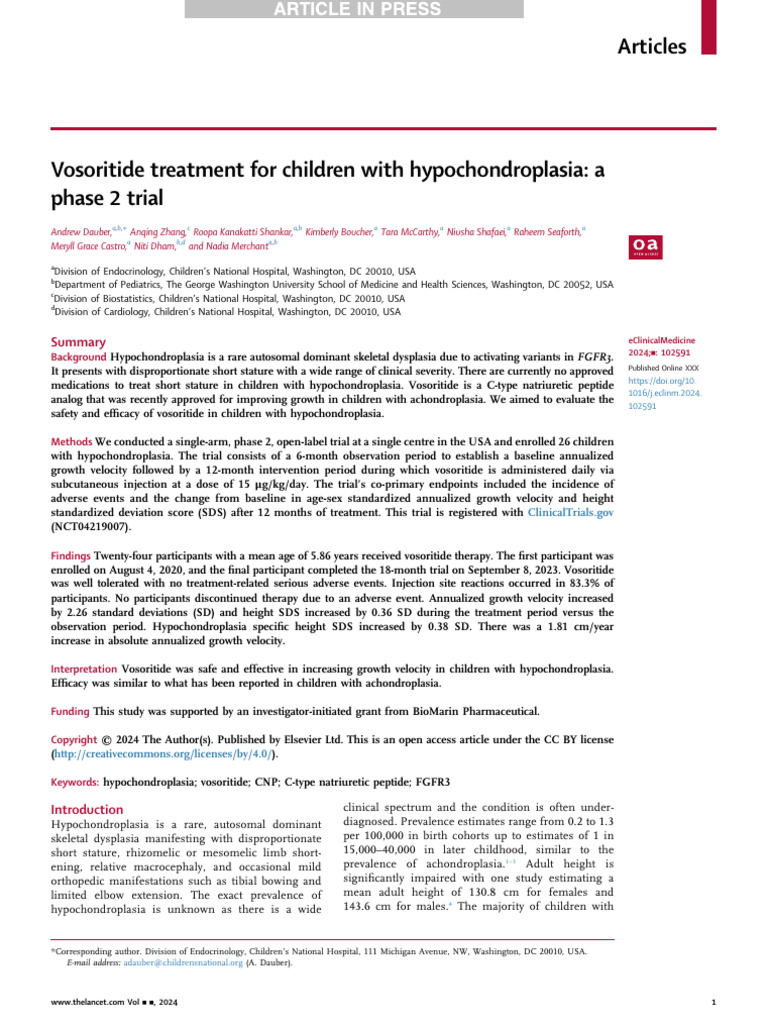 Vosoritide Treatment For Children With Hypochondroplasia: A Phase 2 ...