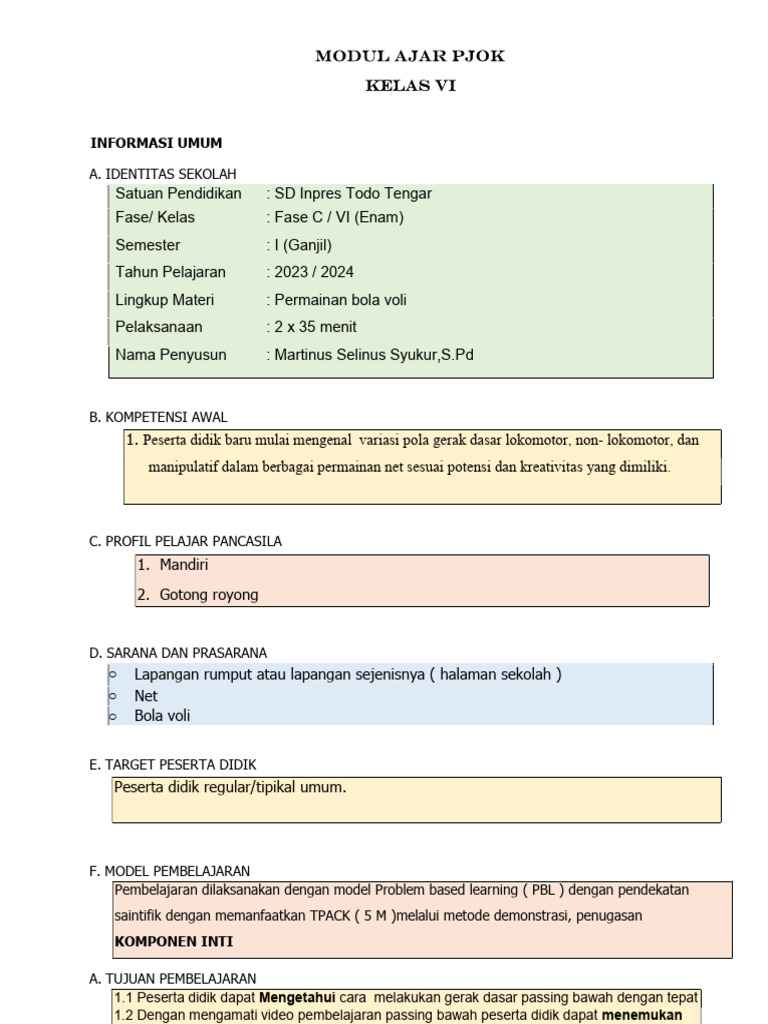 MODUL AJAR UKIN PPG PJOK - MARTINUS SELINUS SYUKUR, S.PD | PDF