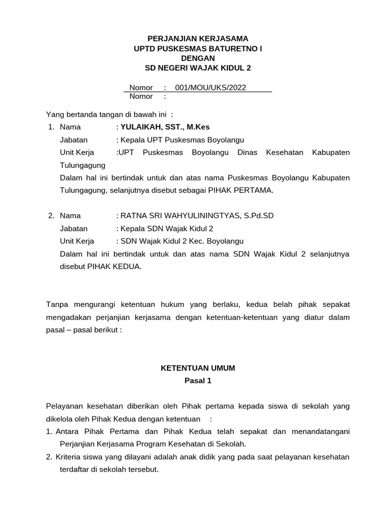 Contoh MOU Sekolah Dengan Puskesmas | PDF | Pengembangan Diri