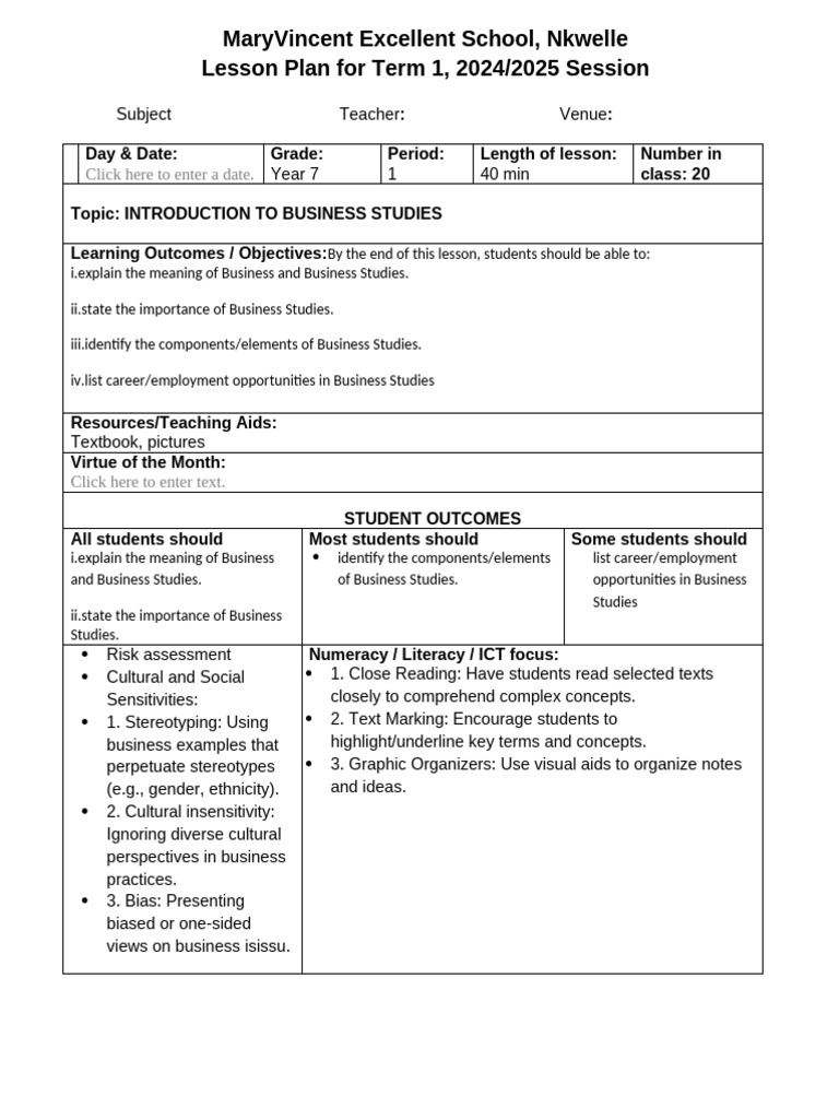 Business Studies Jss1 Lesson Plan | PDF