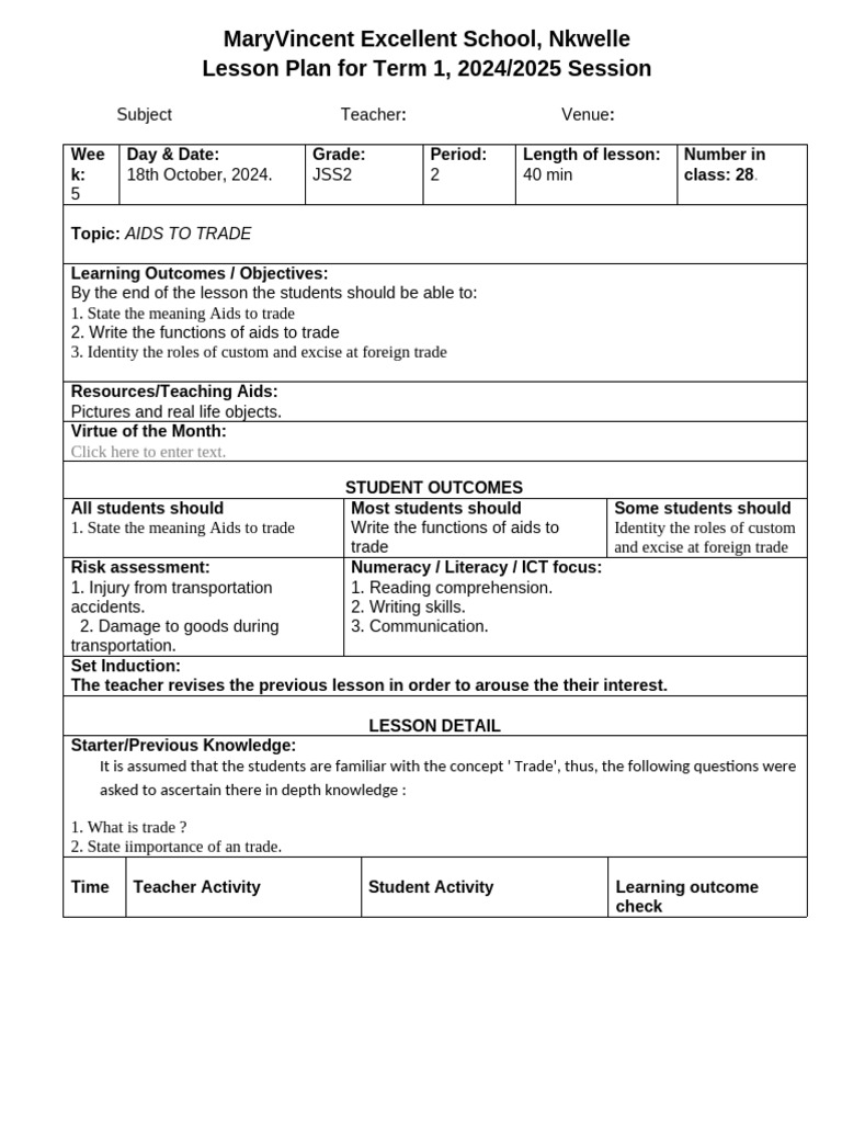 Business Studies Jss2 Lesson Plan Week 5 | PDF