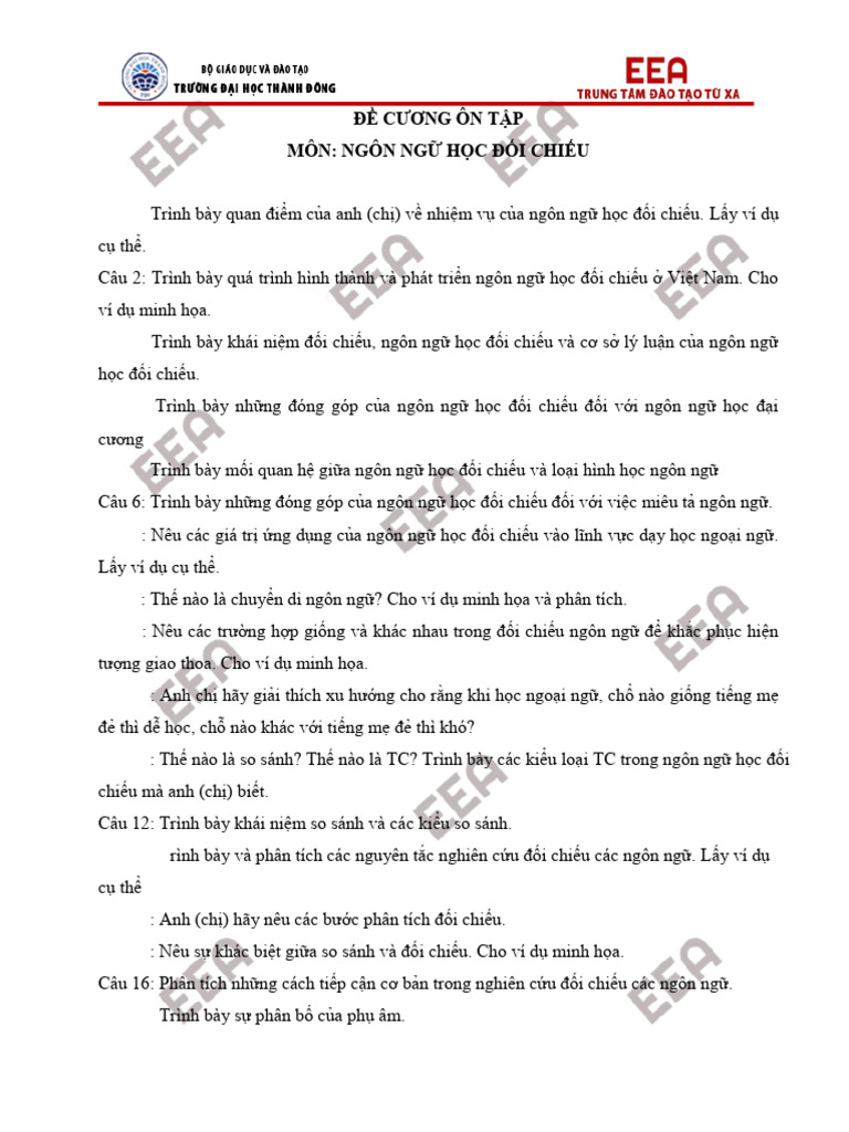 Ngon Ngu Hoc Doi Chieu Tieng Anh de Cuong On Tap | PDF