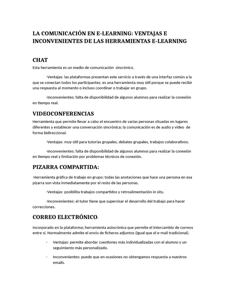 Ventajas y desventajas de herramientas e-learning | PDF | ciberespacio ...