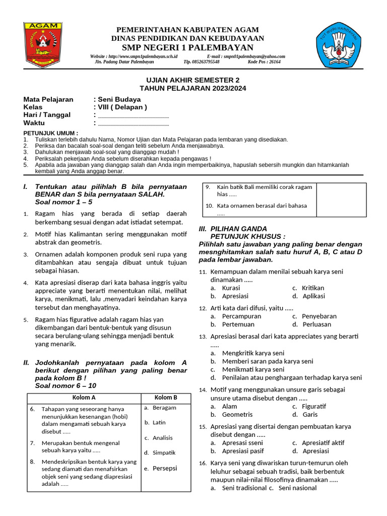 SMT 2-SOAL UAS Seni Rupa KLS 8 KUMER TP. 2023... 2024 | PDF