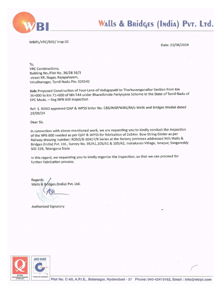 NPB 600 Inspection Request Letter | PDF