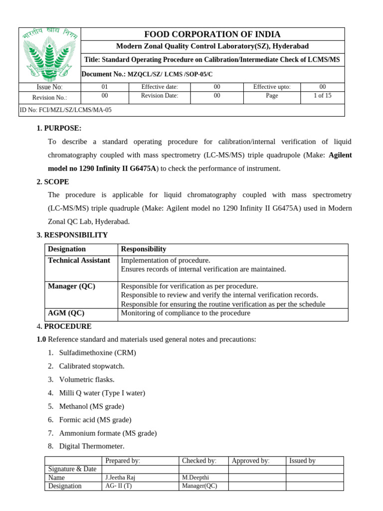 SOP Internal Calibration LCMSMS Edited | PDF