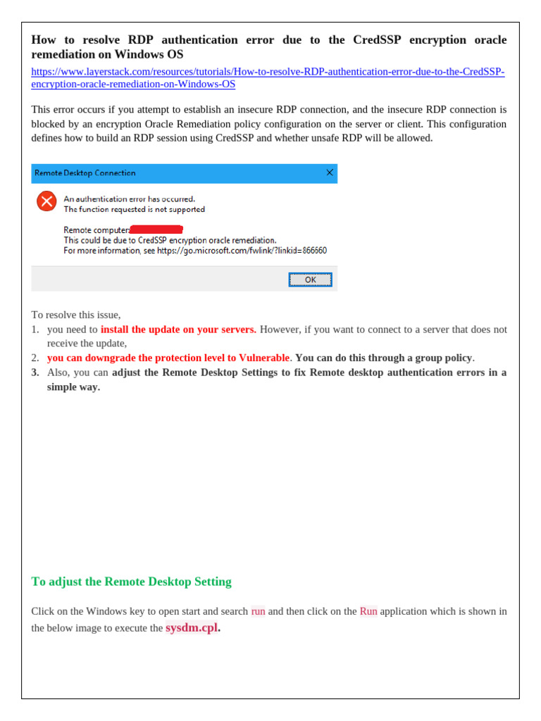 How To Resolve RDP Authentication Error Due To The CredSSP Encryption Oracle Remediation On ...