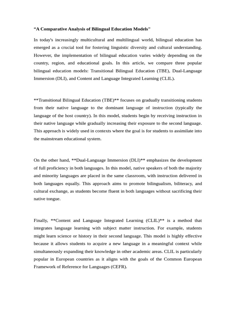A Comparative Analysis of Bilingual Education Models | PDF