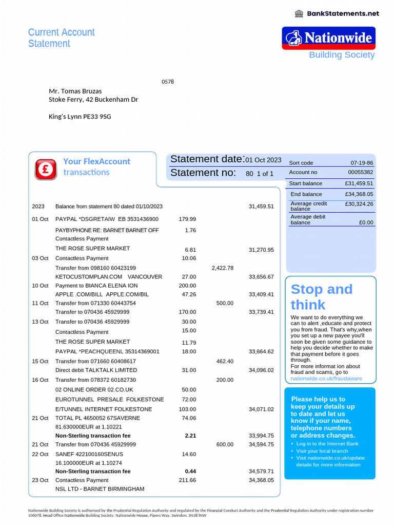 NBS Bank Statement Oct 2023 PDF | PDF
