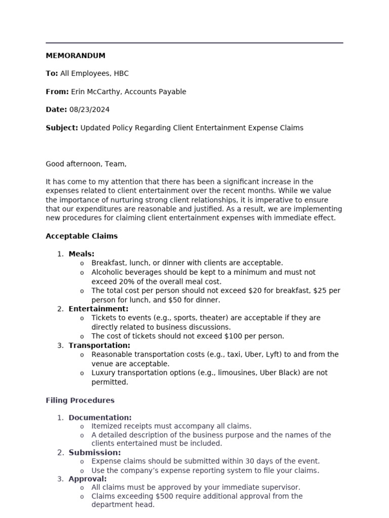 New Client Expense Memo - Assignment 3 | PDF | Business | Finance ...