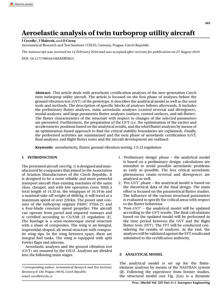 Cecrdle Et Al 2011 Aeroelastic Analysis of Twin Turboprop Utility Aircraft | PDF