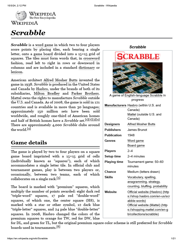 Scrabble - Wikipedia | PDF