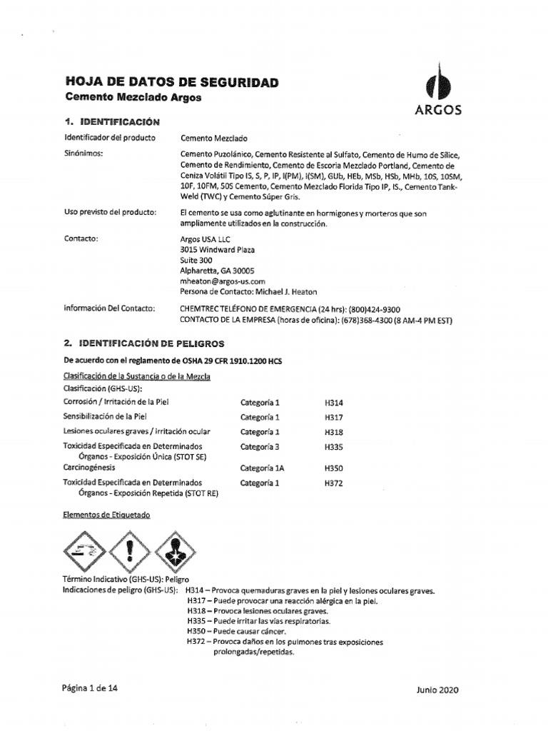Ficha de Datos de Seguridad Cemento Argos | PDF