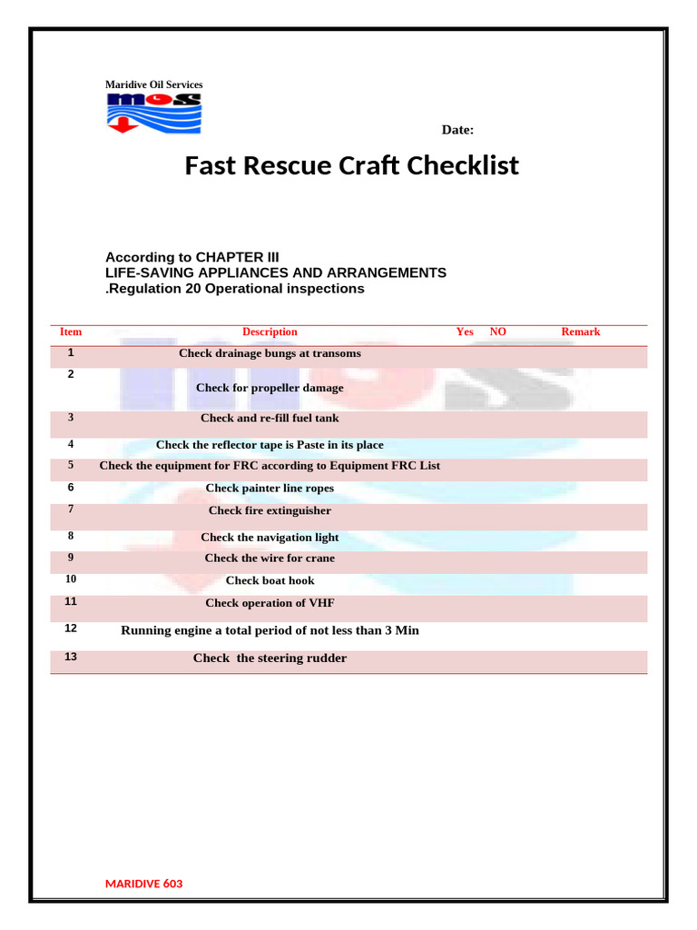 Fast Rescue Craft Checklist | PDF