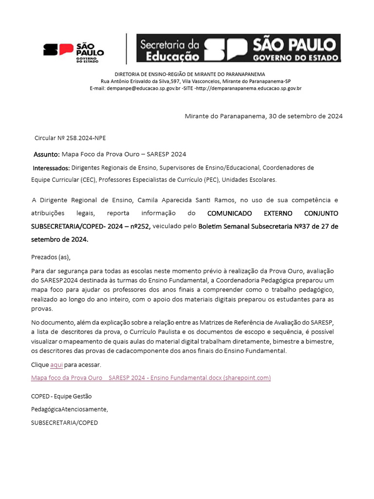 Circular N 258 2024 Npe Mapa Foco Prova Ouro Saresp 2024 Diandra Soares ...