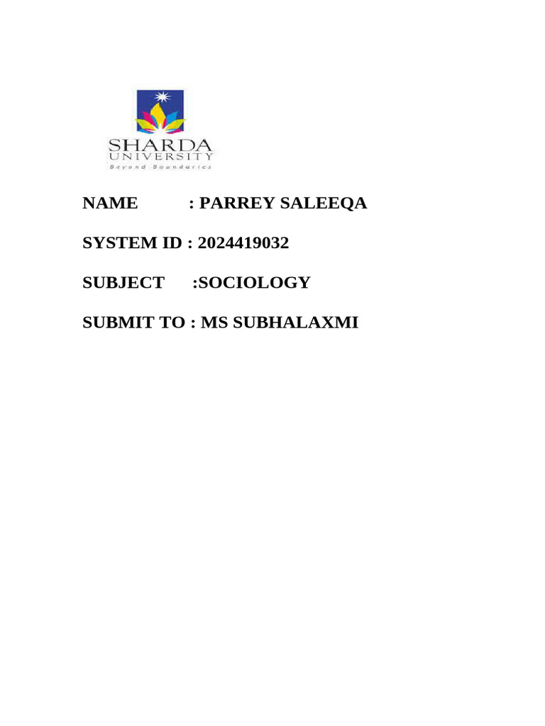 Name: Parrey Saleeqa SYSTEM ID: 2024419032 Subject:Sociology Submit To ...