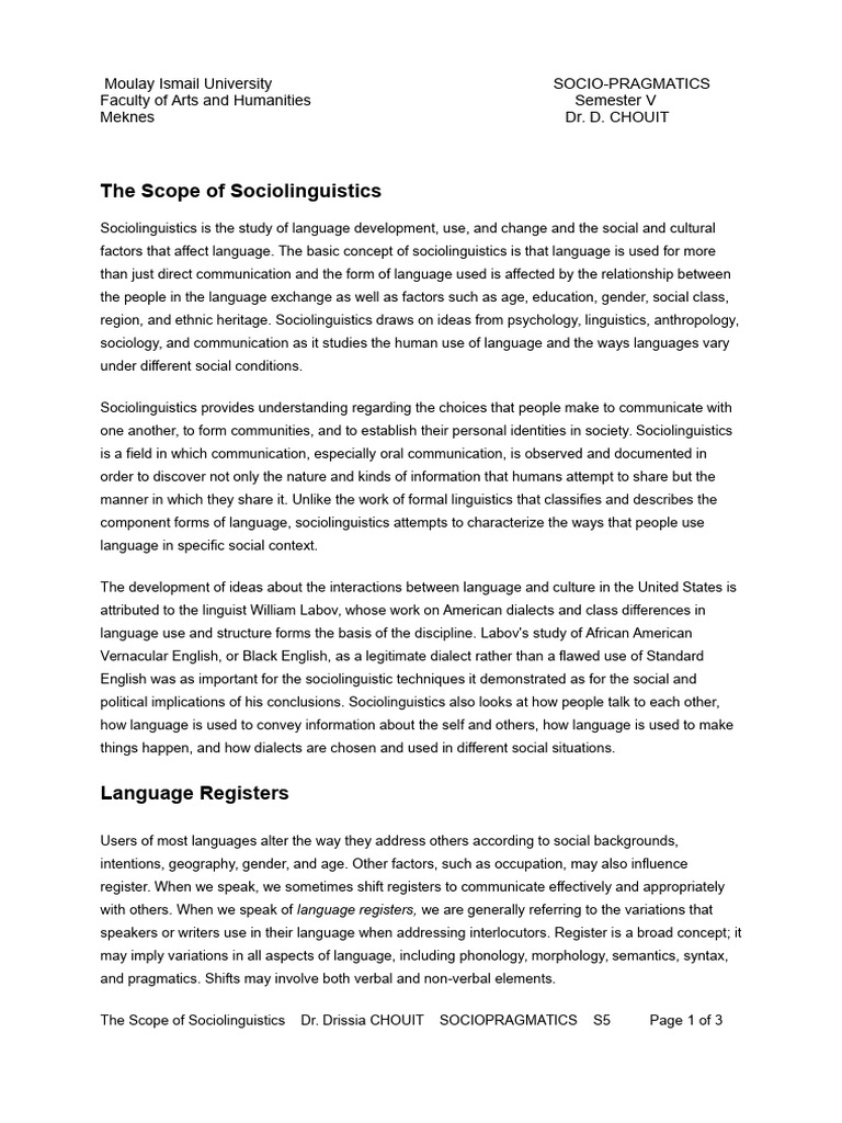 INTRODUCTION TO SOCIOLINGUISTICS DR CHOUIT | PDF | Sociolinguistics | Social Science