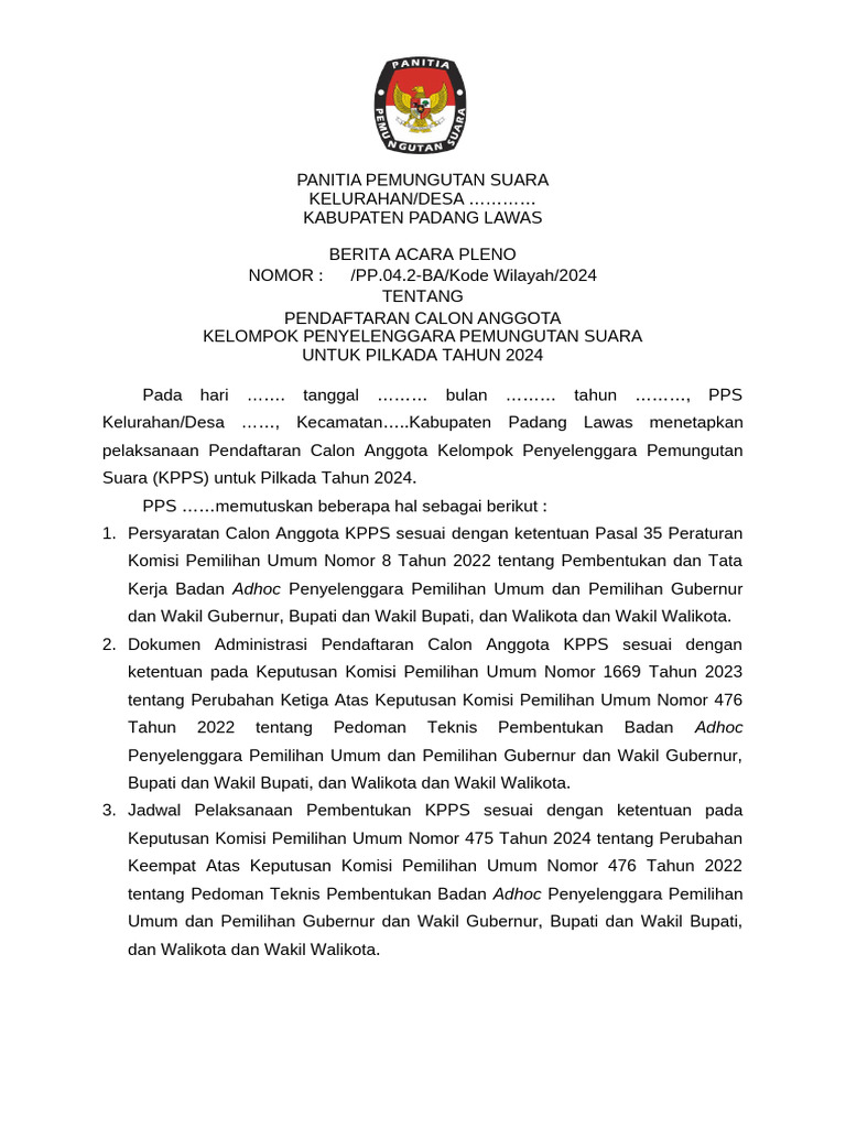 Berita Acara PPS Pendaftaran KPPS Pilkada 2024 | PDF
