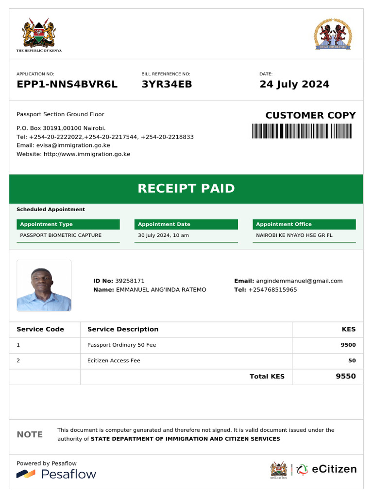 Epp1 Nns4bvr6l Immigration Receipt | PDF
