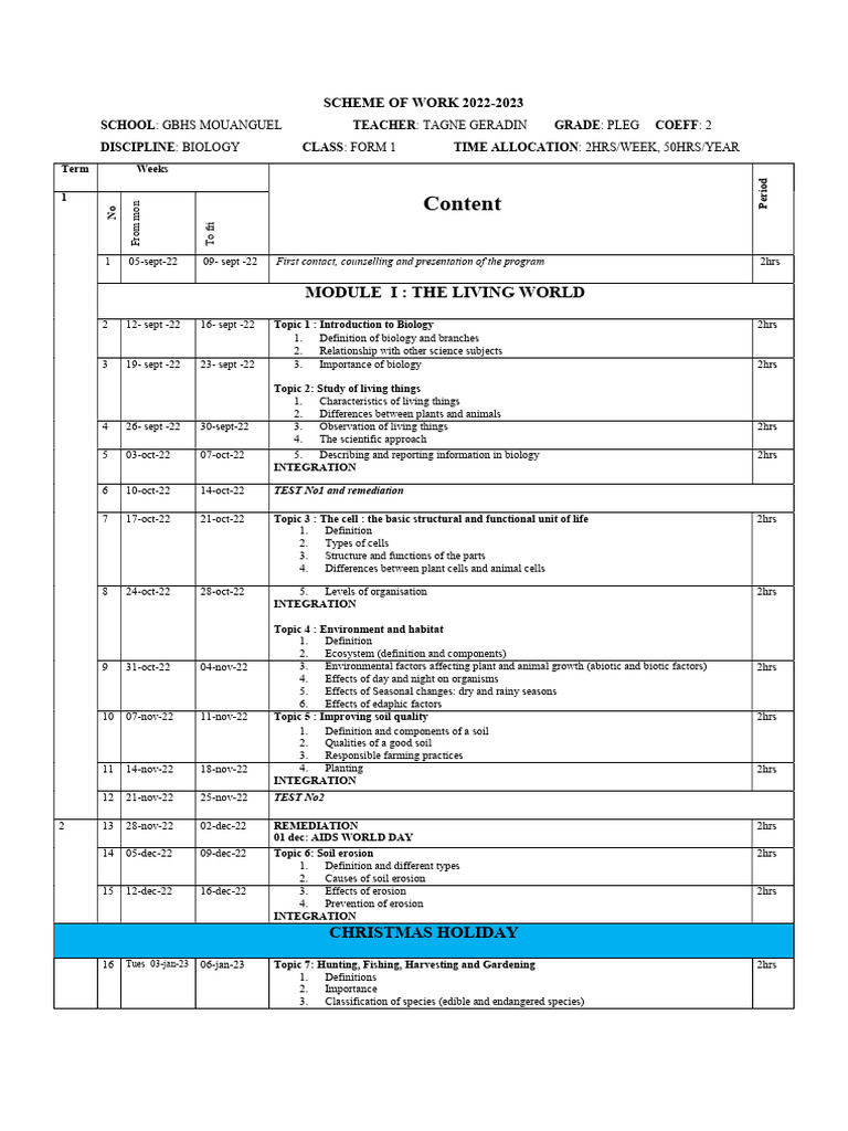Scheme of Work Form 1 2022-2023 | PDF | Biology | Ecosystem