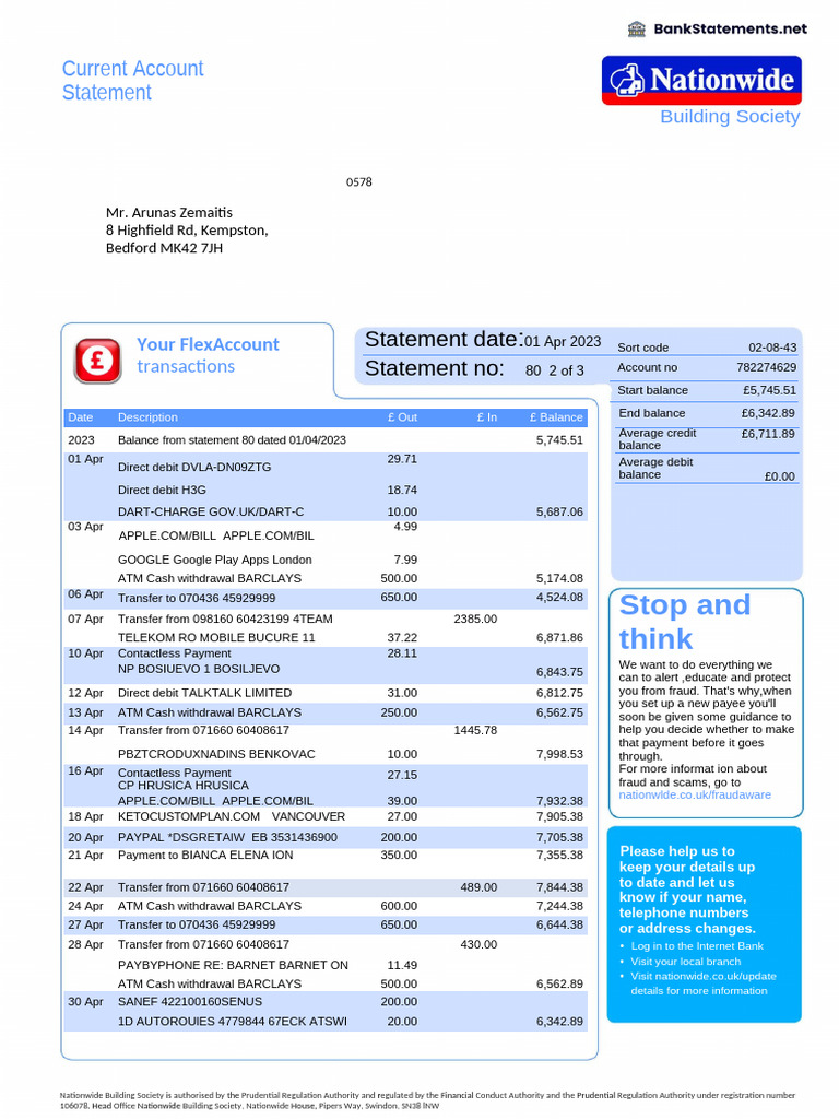 NBS Bank Statement Apr 2023 | PDF