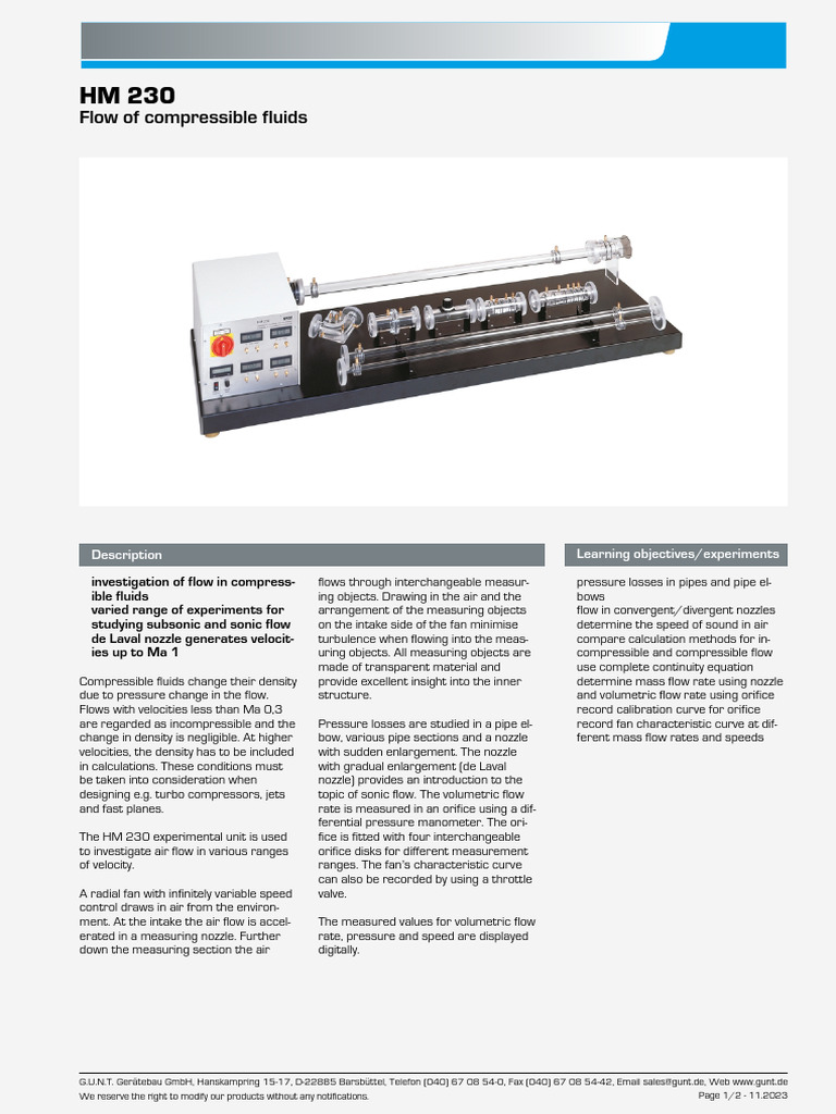 HM 230 Flow of Compressible Fluids Gunt 820 PDF - 1 - en GB | PDF