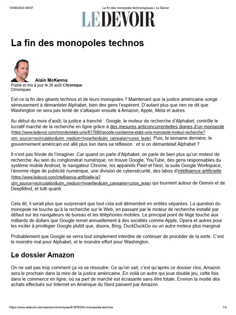 La Fin Des Monopoles Technologiques - Le Devoir | PDF