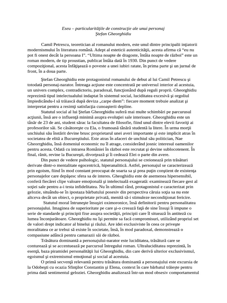 Eseu de Caracterizare - Stefan Gheorghidiu 3 | PDF