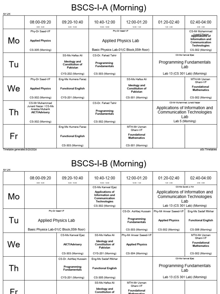 BSCS-BSIT (Morning) Timetable (23-09-2024) | PDF