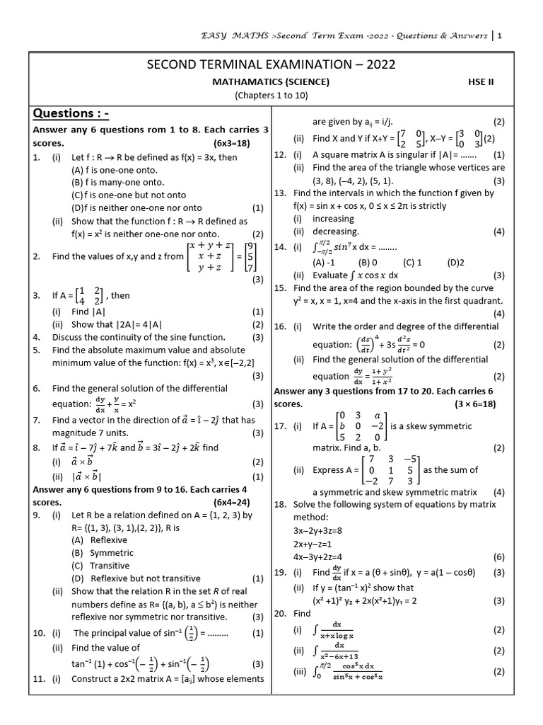 Easy Maths Exam Q&A 2022 | PDF | Matrix (Mathematics) | Teaching ...
