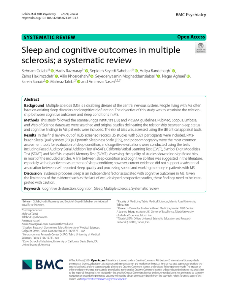 Sleep and Cognitive Outcomes in Multiple Sclerosis A Systematic Review ...