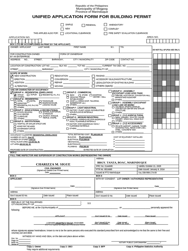Unified Application Form For Building Permit | PDF