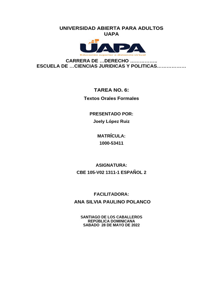 Actividad de La Unidad Tarea 6 Español 2 | PDF