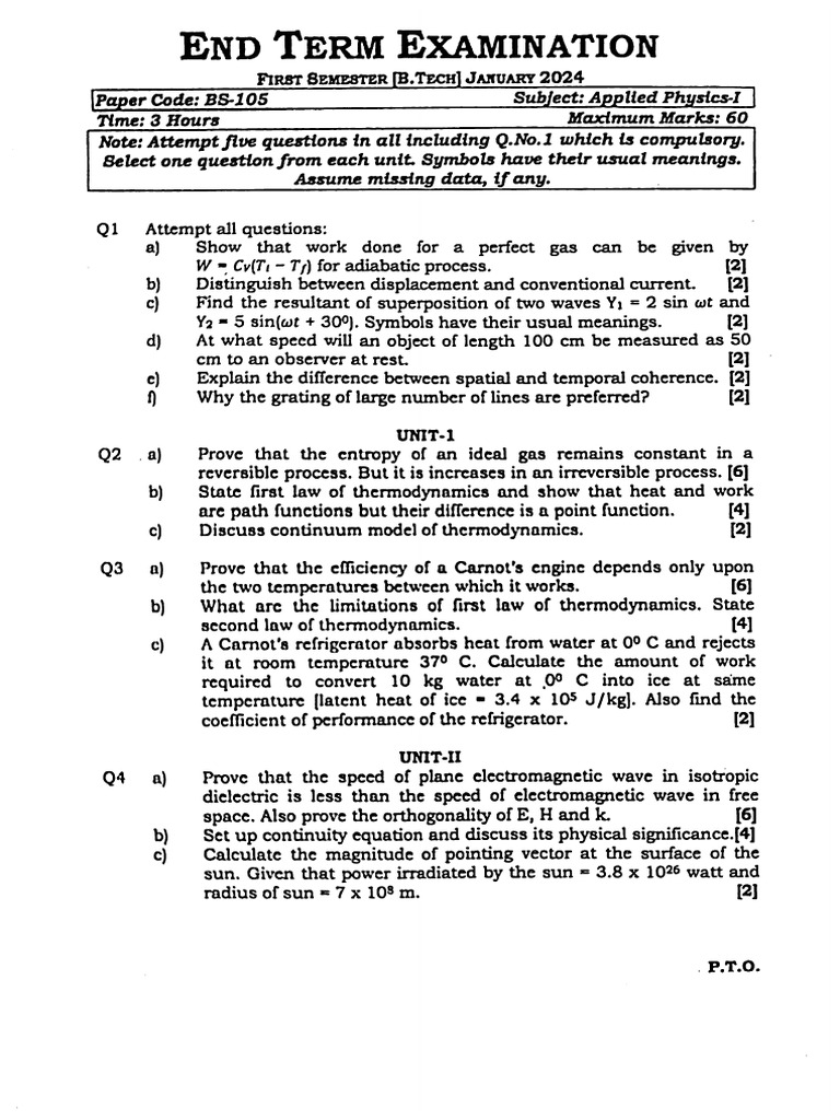 Btech 1 Sem Applied Physics 1 Bs 105 Jan 2024 | PDF