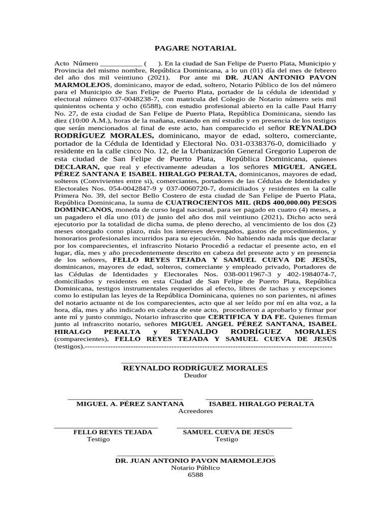 Pagare Notarial Miguel Perez e Isabel Hiraldo - Reynaldo Rodriguez | PDF