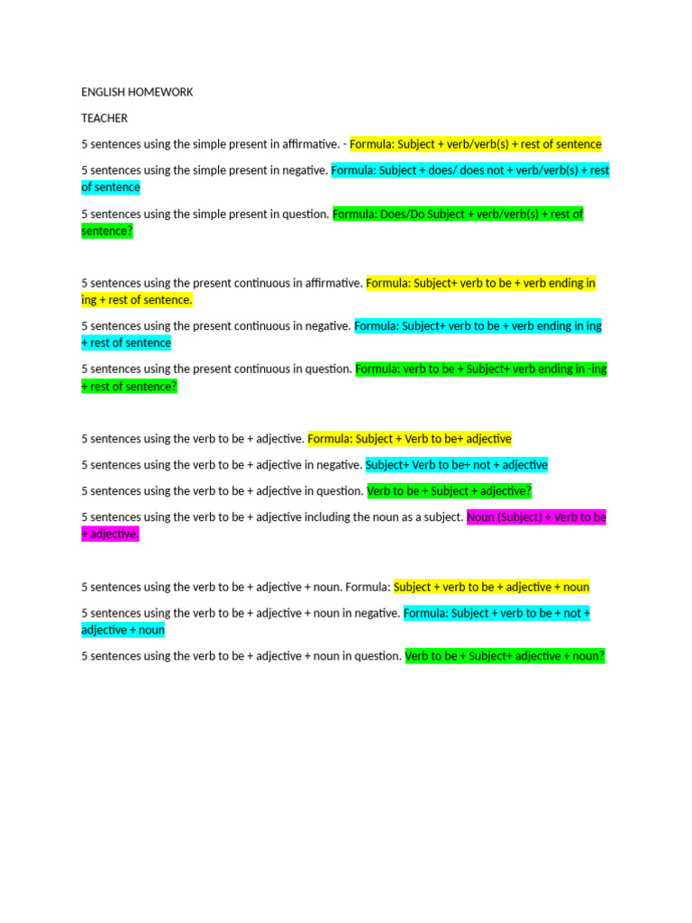 ENGLISH HOMEWORK Sentences. Simple Present. Present Continuous ...