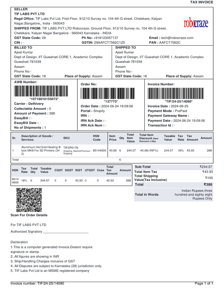 Sr. Description of Goods / Services SKU HSN Code Item Price Qty Total ...