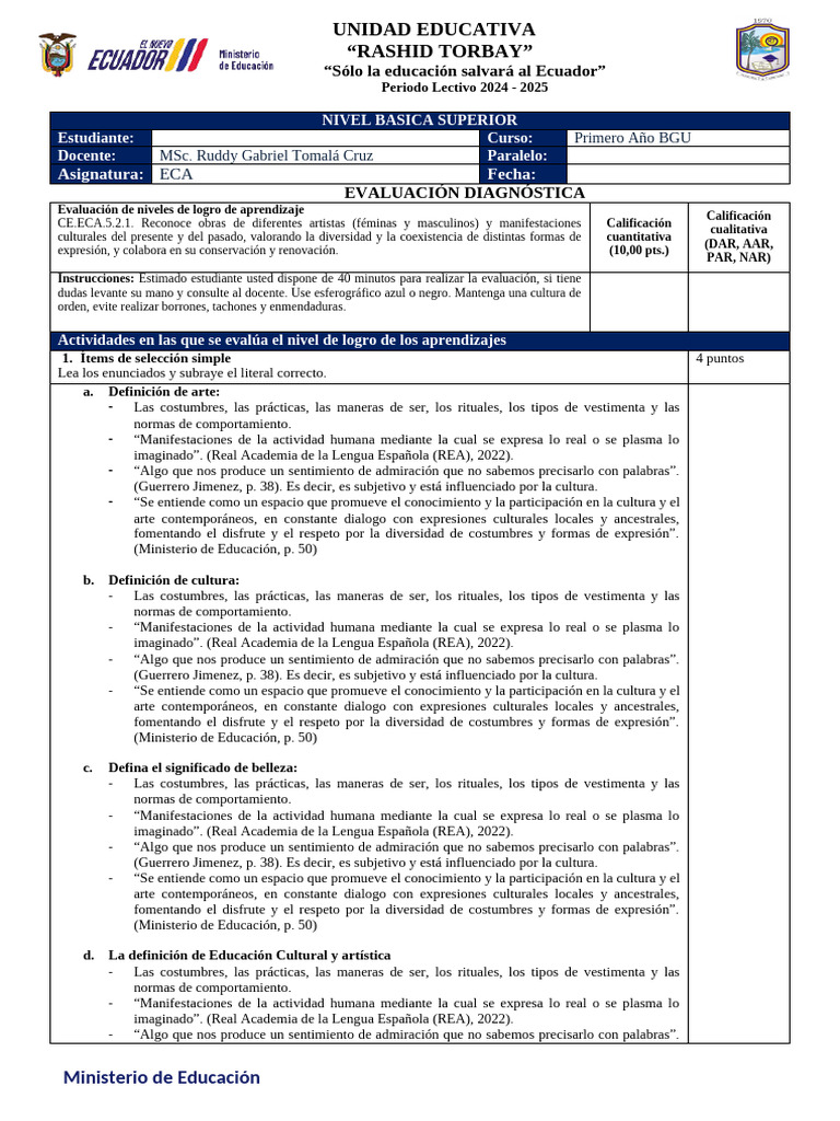 Diagnostico ECA - 1 BGU 2024 | PDF