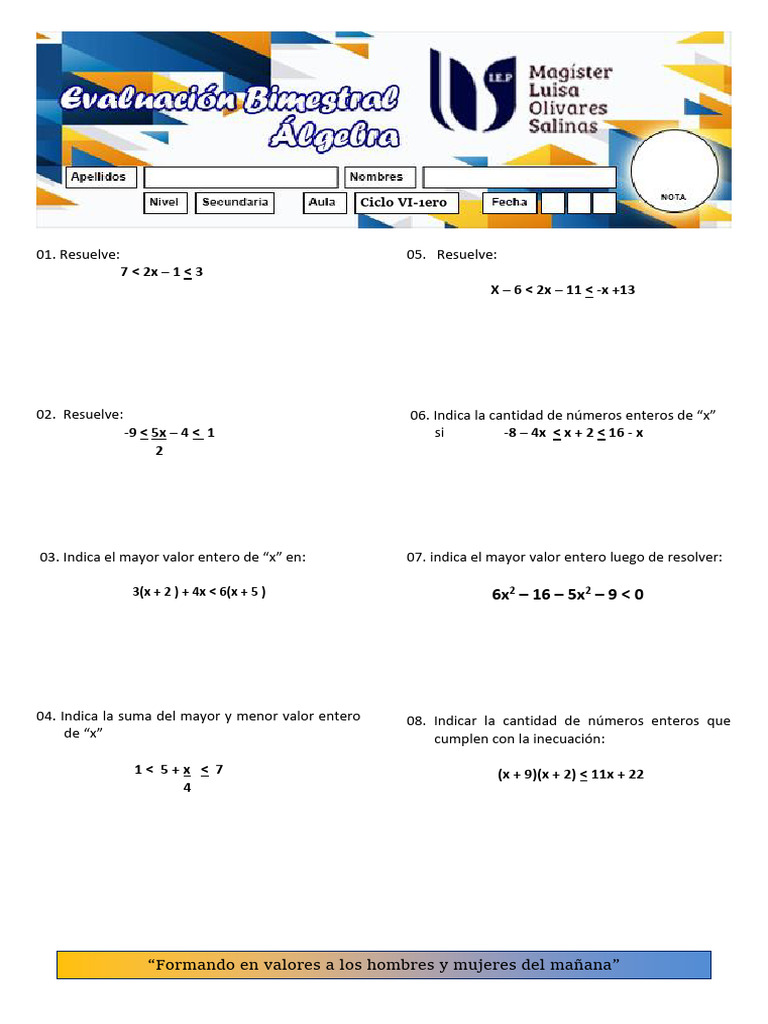 FINAL ALGEBRA 1ero - 2do SEC DIC 23 | PDF