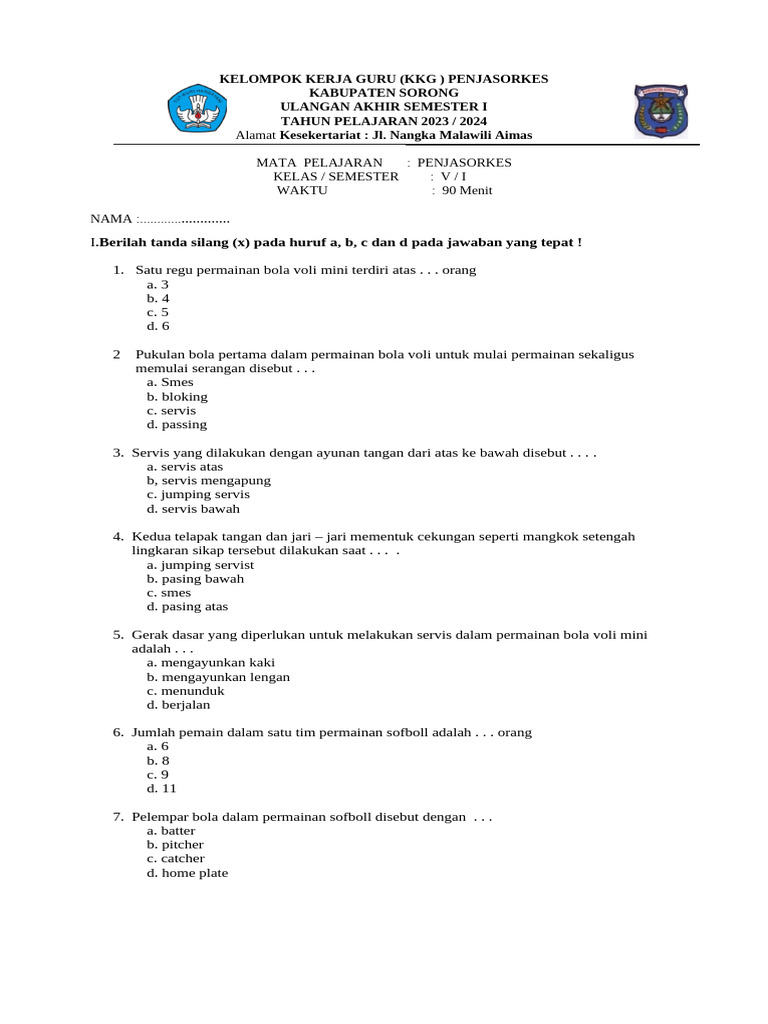 Soal Pjok KLS 5 THN 2023 | PDF