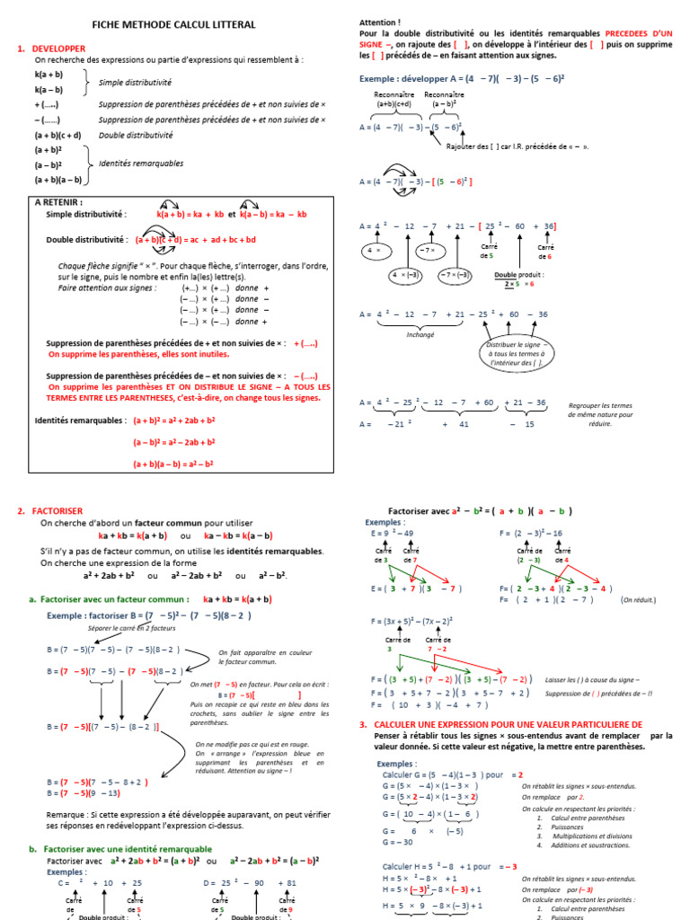 Fiche Méthode Calcul Littéral | PDF