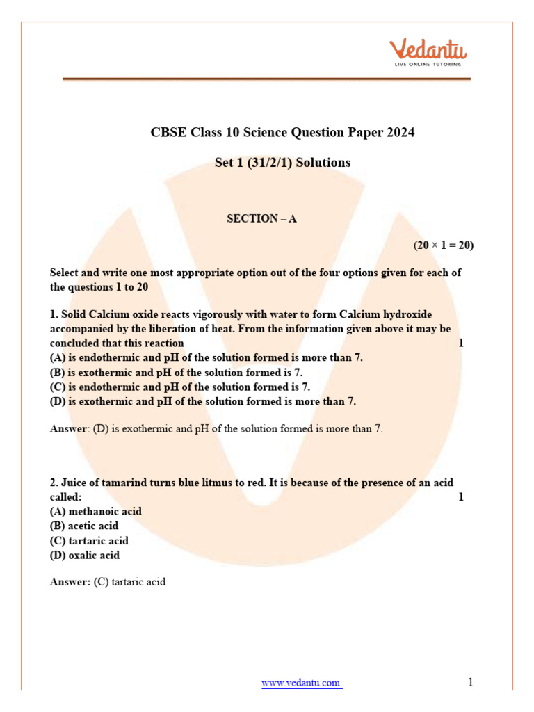 Class 10 Science Set 1 (31 - 2 - 1) 2024 Question Paper With Solutions ...