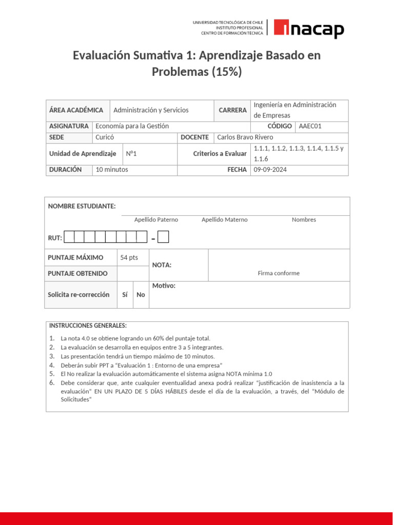 Evaluación Sumativa 1: Aprendizaje Basado en Problemas (15%) | PDF