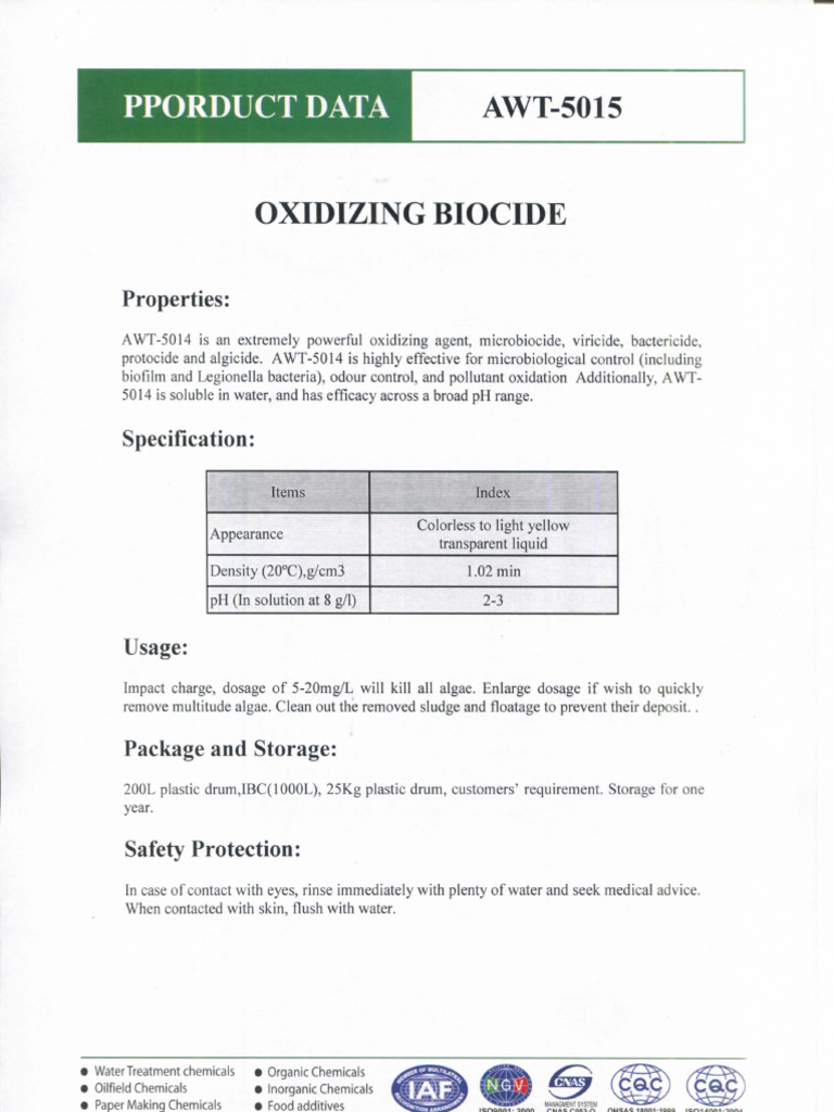 Oxidizing Biocide TDS AWT-5015 | PDF