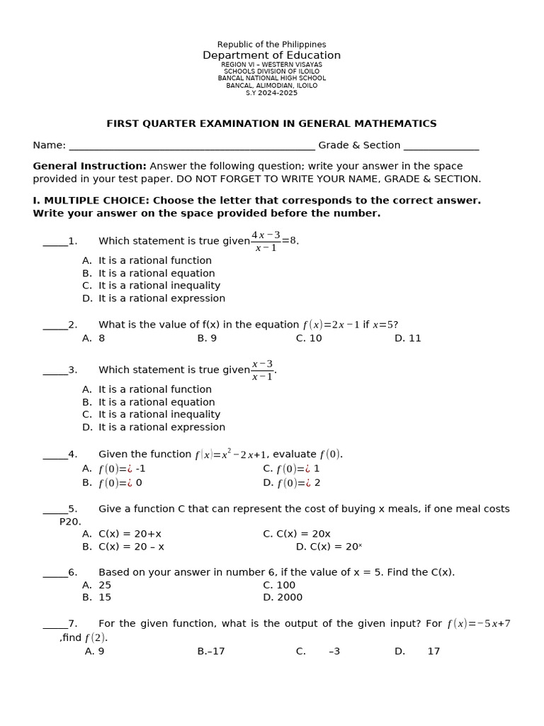 Gen Math 1st Quarter Exam | PDF