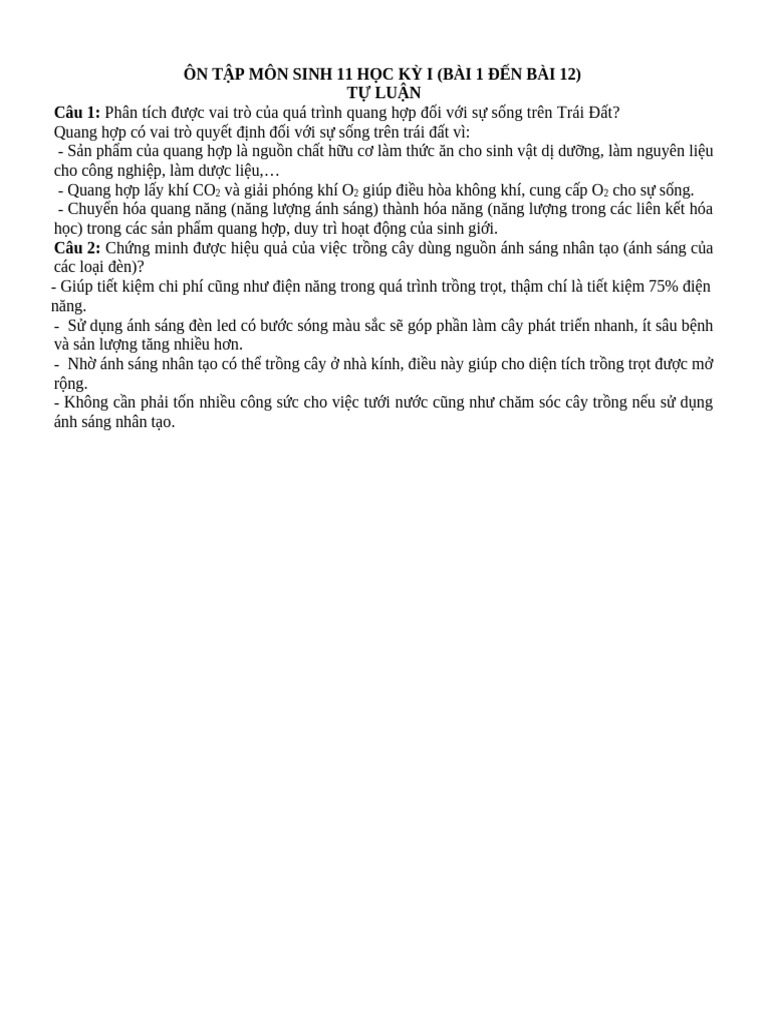 TỰ LUẬN SINH CUỐI HK1 | PDF